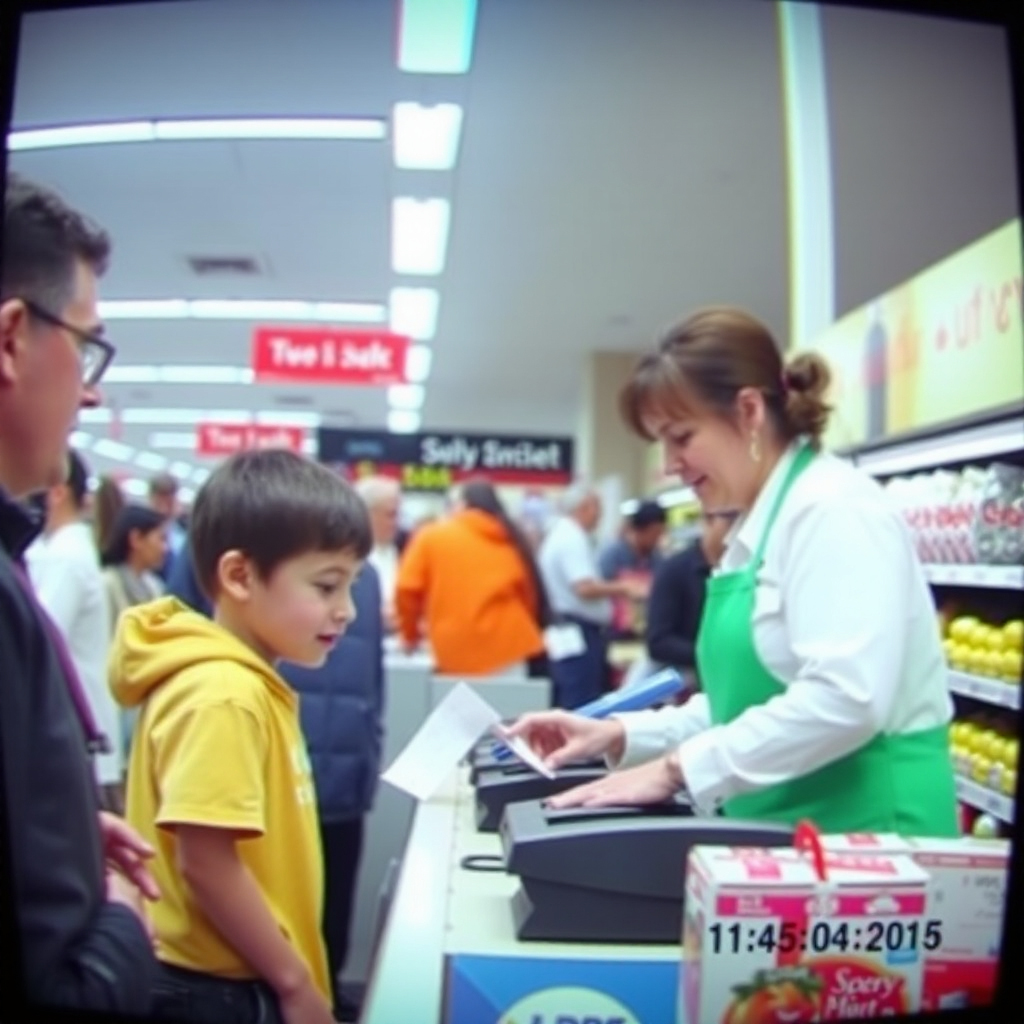 The supermarket was loud and bright—aisles gleaming, scanners beeping ...